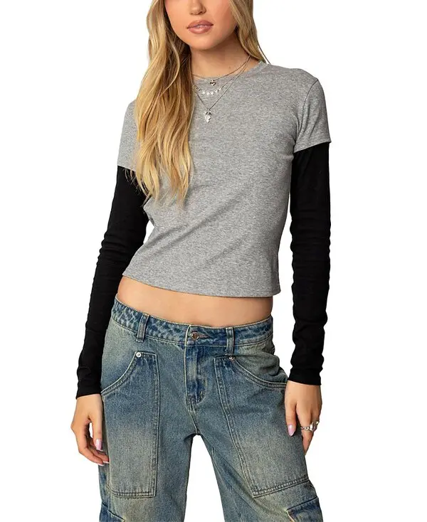 EDIKTED Lucine Layered Long Sleeve T-shirt - Gray Melange
