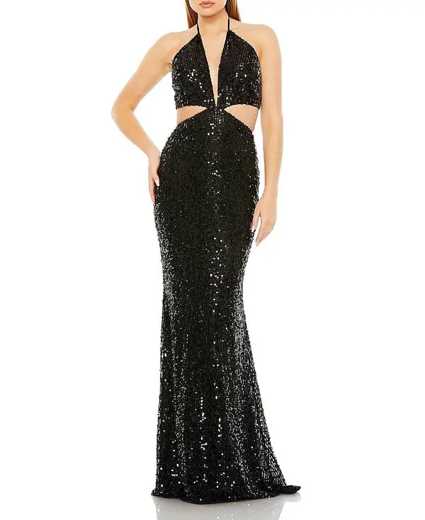 Mac Duggal Cut Out Halter Sequin Gown
