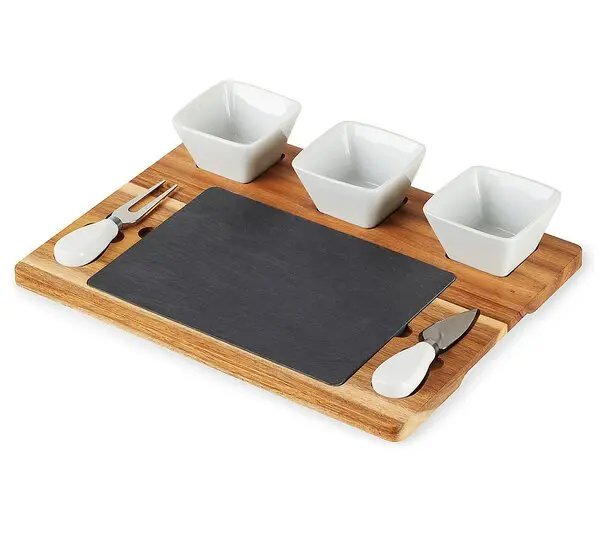 TWINE Acacia & Slate Cheese Board Set With Cera Mic Bowls