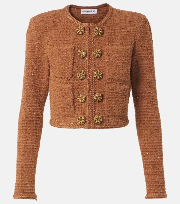 SELF-PORTRAIT Sequined Knitted Jacket - Brown