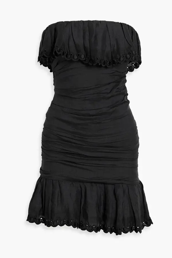 Isabel Marant Oxani Strapless Broderie Anglaise-trimmed Ramie Mini Dress - Black