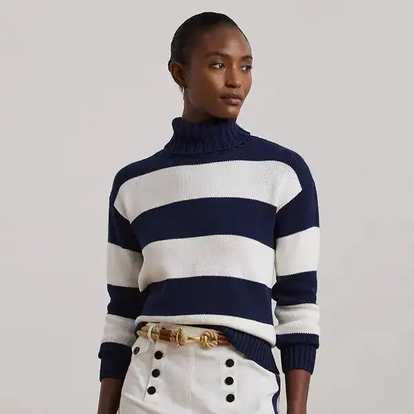 Ralph Lauren Striped Cotton Turtleneck Sweater In Refined Navy