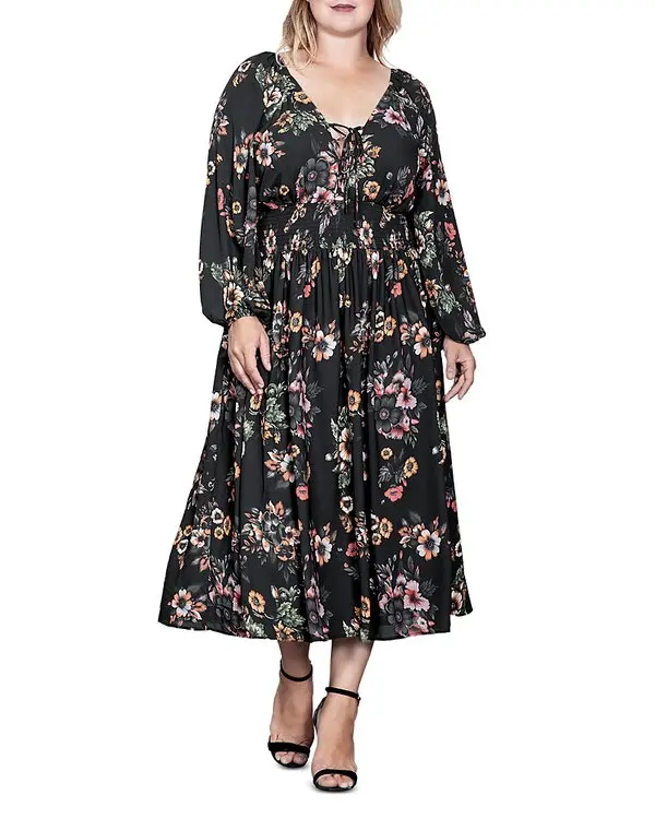 STANDARDS & PRACTICES Lace-up Double V-neck Dress - Rusty Floral