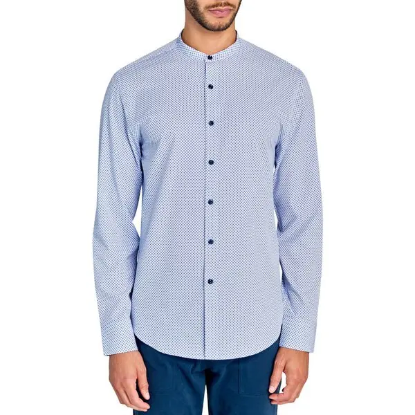 BROOKLYN BRIGADE Slim Fit Micro Geo Recycled 4-way Stretch Performance Long Sleeve Shirt - White/blue