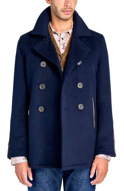 BROOKLYN BRIGADE Wool Blend Double Breasted Pea Coat - Navy