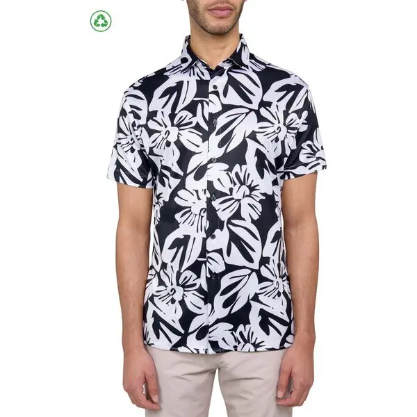 CON.STRUCT Regular Fit Exploded Floral Print Recycled Performance Golf Button-down Shirt - Black/white