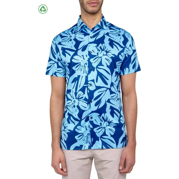 CON.STRUCT Regular Fit Exploded Floral Print Recycled Performance Golf Button-down Shirt - Light Blue/navy
