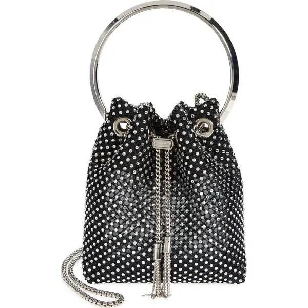 JIMMY CHOO Bon Bon Crystal Mesh Top Handle Pouch - Black/ Crystal