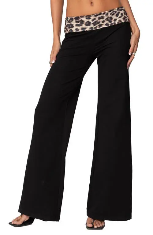 EDIKTED Foldover Waist Wide Leg Pants - Black/ Leopard Print