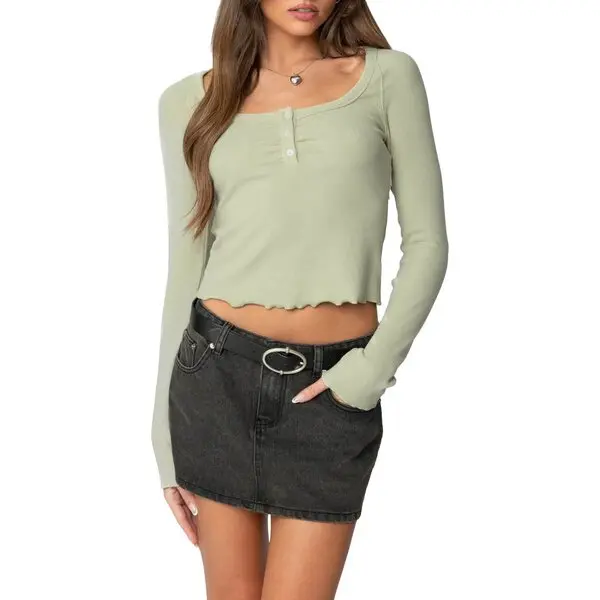 EDIKTED Jayde Long Sleeve Rib Henley - Sage