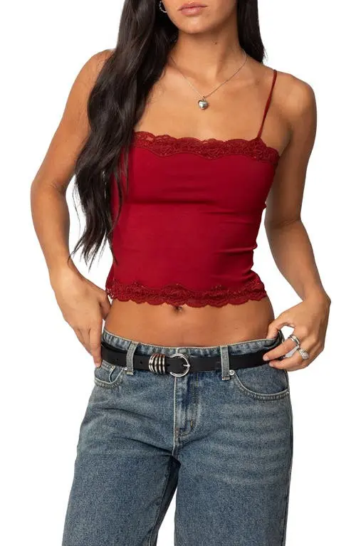 EDIKTED Cruella Lace Trim Crop Camisole - Burgundy