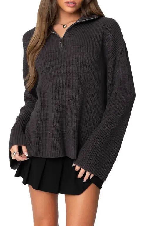 EDIKTED Amour High Neck Oversized Half Zip Knit Pullover - Dark Gray