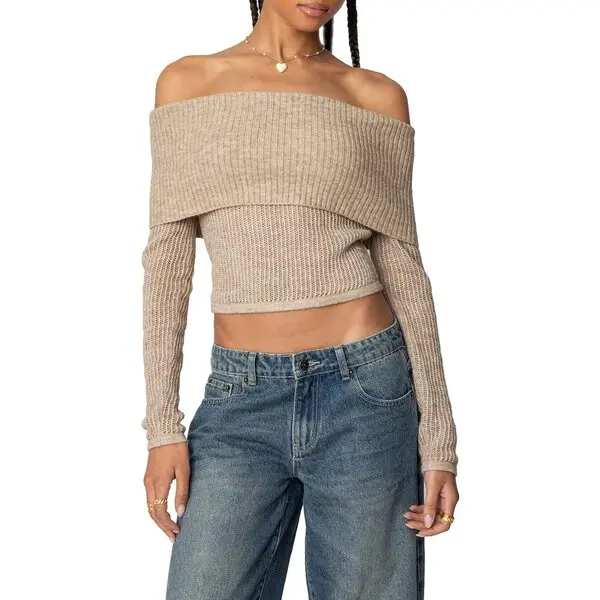 EDIKTED Lili Rib Off The Shoulder Crop Sweater