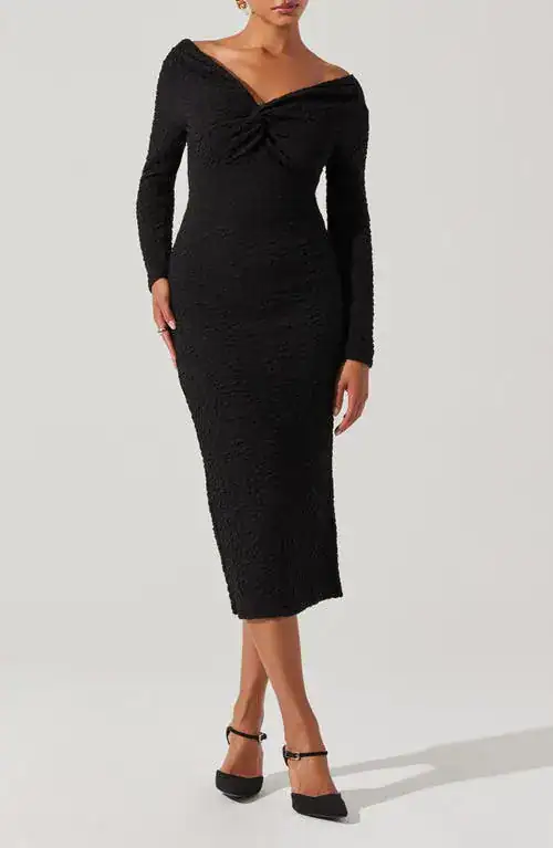 Astr The Label Textured Knot-Front Off-The-Shoulder Long-Sleeve Dress In  Black - 50% Off | Editorialist