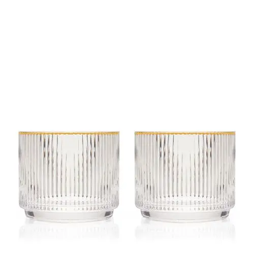 VISKI Meridian Crystal Gold Rimmed Lowball Tumblers Set Of 2 - Clear