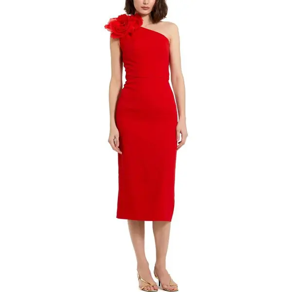 Mac Duggal Crepe One Shoulder Midi Dress With 3d Flower - Cherry