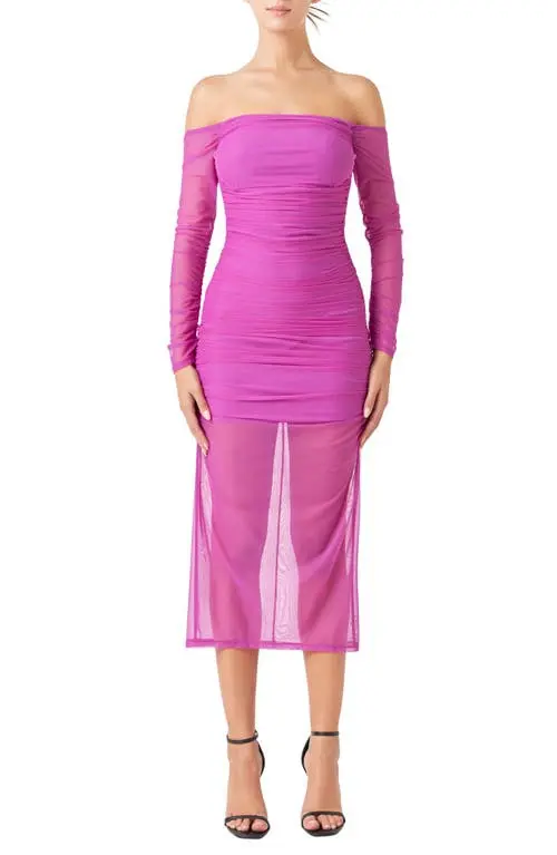 Endless Rose Long Sleeve Off-the-shoulder Mesh Midi Dress