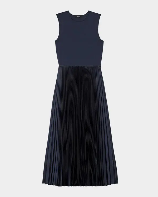 Theory Combo Satin Pleated Midi Dress - Nocturne Navy