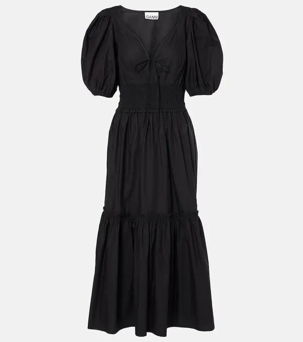 white christmas dresses GANNI BLACK COTTON POPLIN GATHERED U-NECK MINI DRESS main image 1