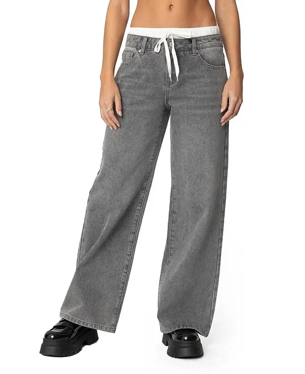 EDIKTED Drawstring Wide Leg Jeans - Gray Washed