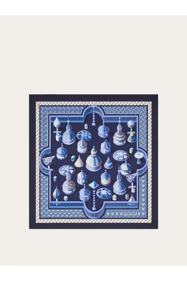 FERRAGAMO Geometrical Renaissance Print Silk Scarf - Navy