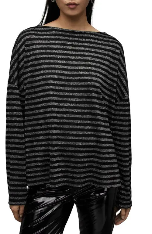 All Saints Rita Stripe Long Sleeve T-shirt - Black Shimmer