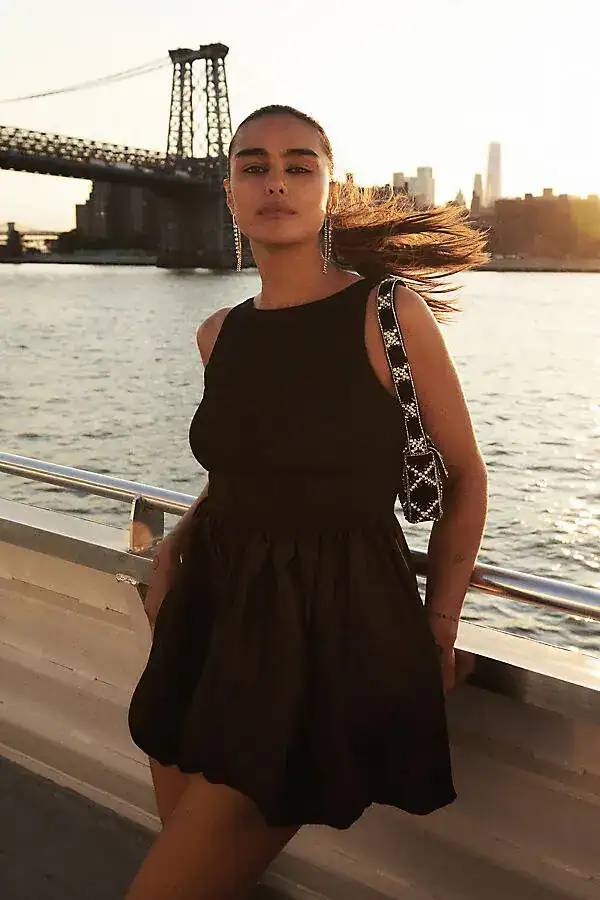 Maeve Boat-Neck Bubble Mini Dress In Black - 70% Off | Editorialist