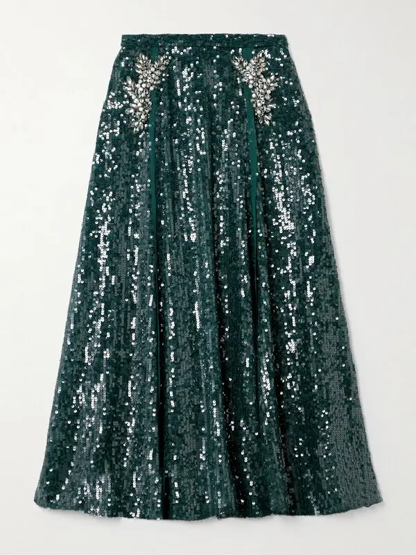 Erdem Embellished Sequined Chiffon Midi Skirt - Green