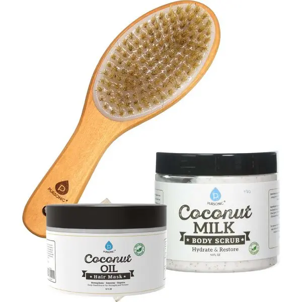 PURSONIC Bath Body Brush With Lotus Wooden Handle & Coconut Care Bundle