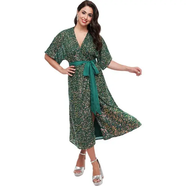 Unique Vintage Sequin Tie Wrap Surplice Midi Dress