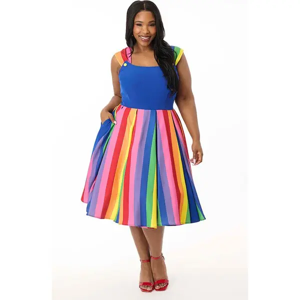 Unique Vintage Sleeveless Godet Swing Dress - Blue Rainbow Stripes