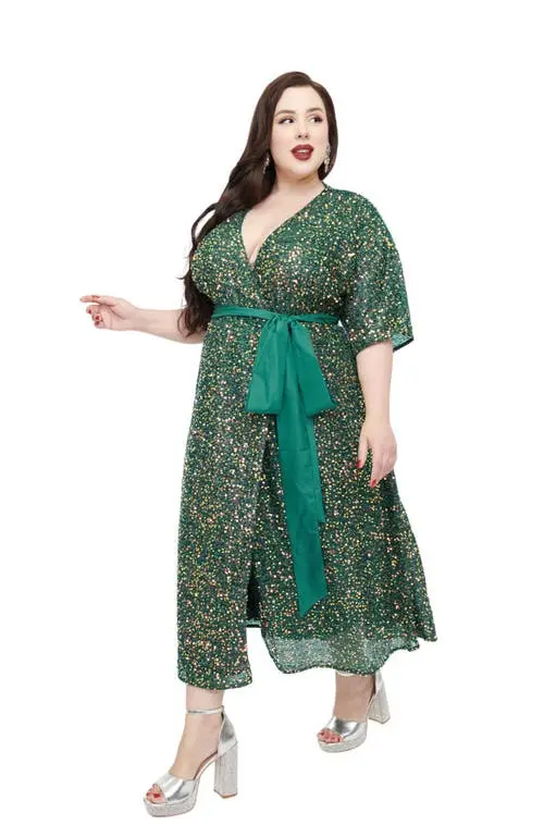 Unique Vintage Sequin Tie Wrap Surplice Midi Dress