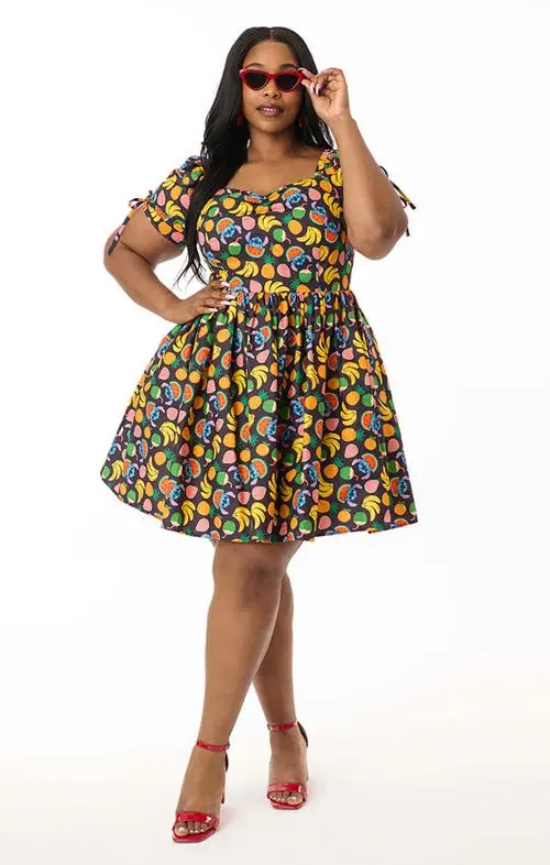 Unique Vintage Fit & Flare Dress - Black Stitch/fruit Print