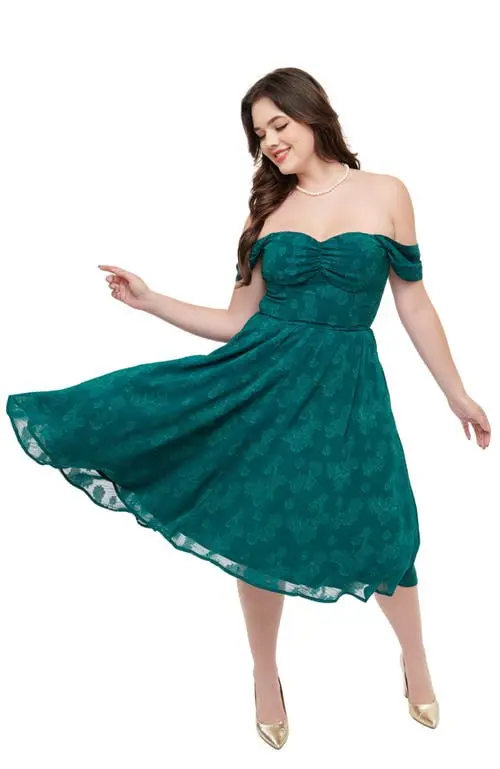 Unique Vintage 1950s Off Shoulder Flare Dress