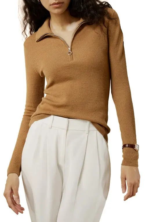 Lilysilk Gaia Ribbed Half Zip Merino Wool Sweater - Camel