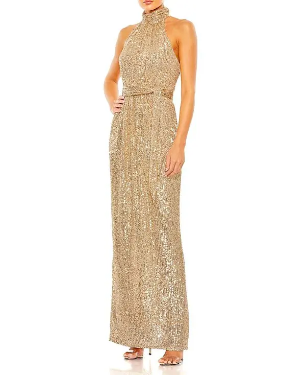 Mac Duggal Ieena Collection Sequined Halterneck Gown With Belt