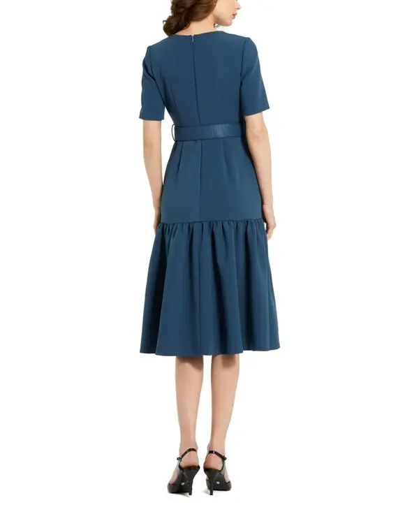 Mac Duggal Belted Crepe Midi Dress With Pockets