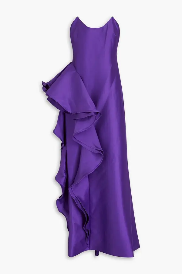 Badgley Mischka Strapless Ruffled Mikado Gown