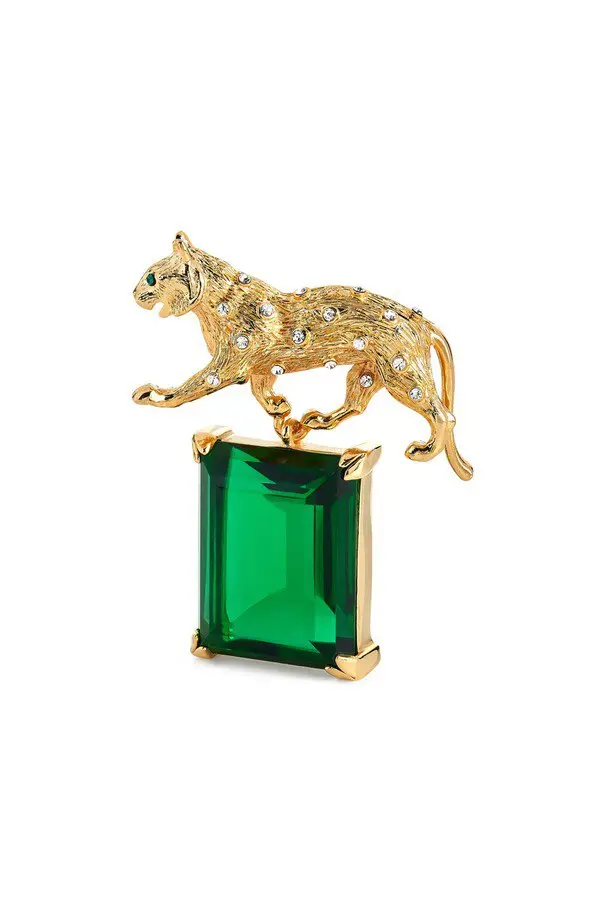 KENNETH JAY LANE Emerald Panther Crystal Pin - Gold