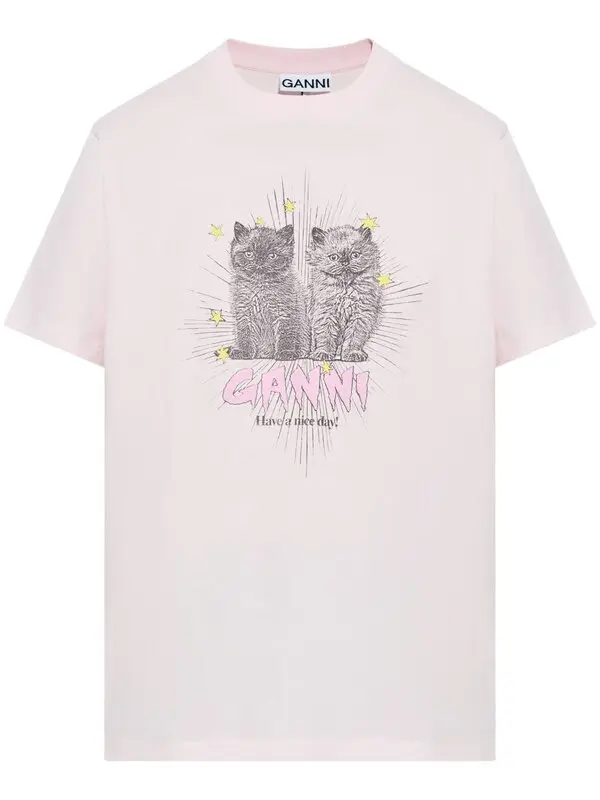 24SS ☆新品・未使用☆ GANNI  ピンク　Cats ネコ　Tシャツ　S Ganni Cats-Print T-Shirt In Pink - 54% Off | Editorialist