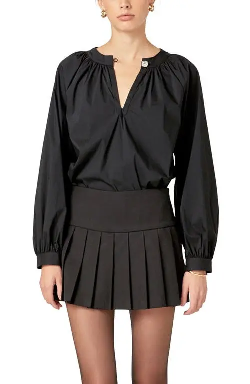English Factory Rhinestone Button Shirred Top