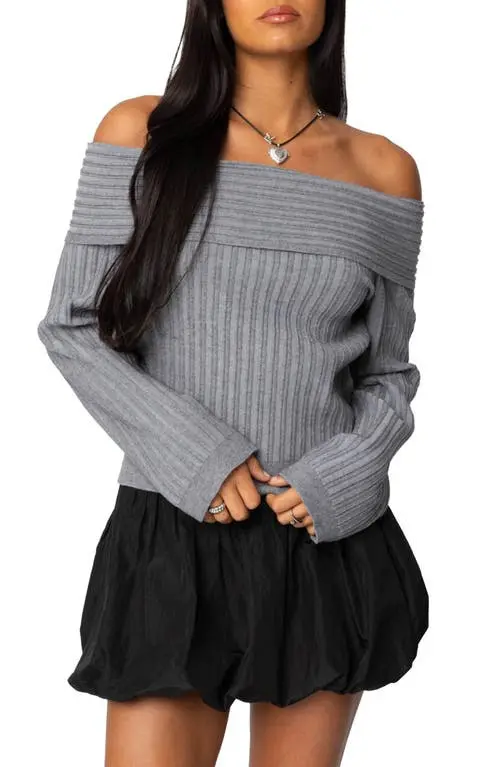 EDIKTED Brandy Off The Shoulder Rib Sweater - Dark-gray