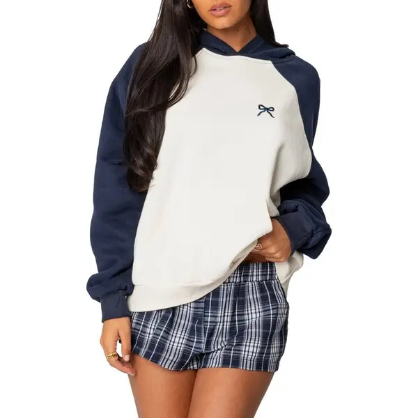 EDIKTED Bow Embroidery Oversized Colorblock Hoodie - Navy-and-cream