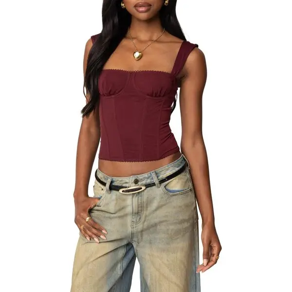 EDIKTED Marcella Mesh Corset Tank Top - Burgundy