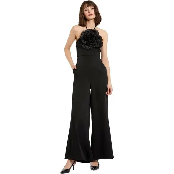 Mac Duggal Crepe Halter Neck Flower Detail Jumpsuit - Black
