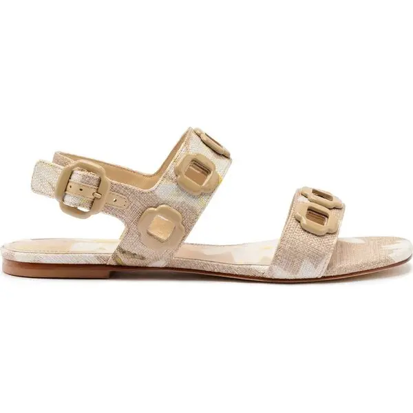 Larroude Milan Flat Sandal - Beige Printed Raffia