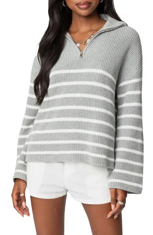 EDIKTED Stripe Quarter-zip Cotton Sweater - Gray-melange