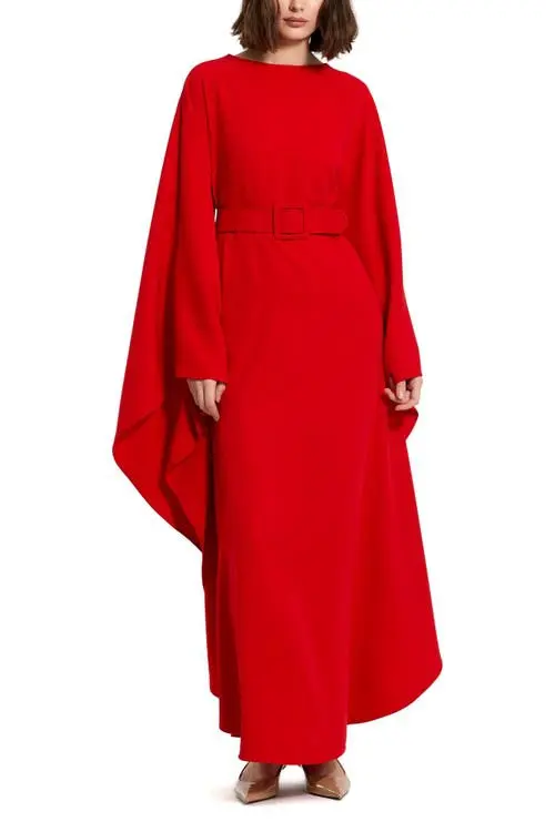 Mac Duggal Crepe Boat Neck Belted Gown