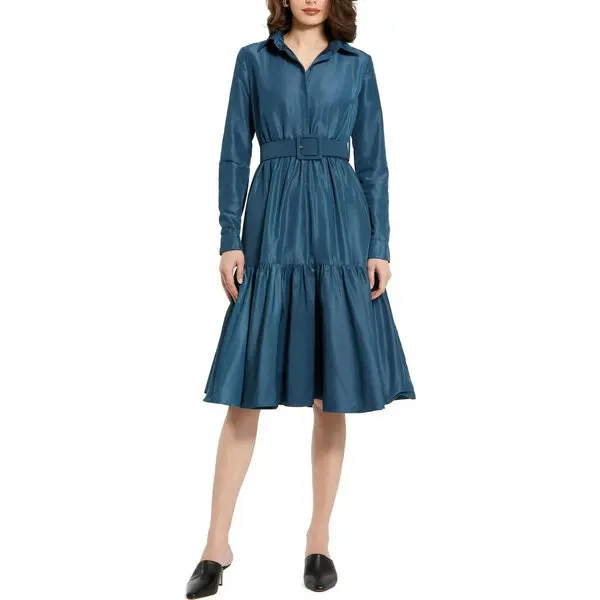 Mac Duggal Faille Long Sleeve Belted Midi Dress