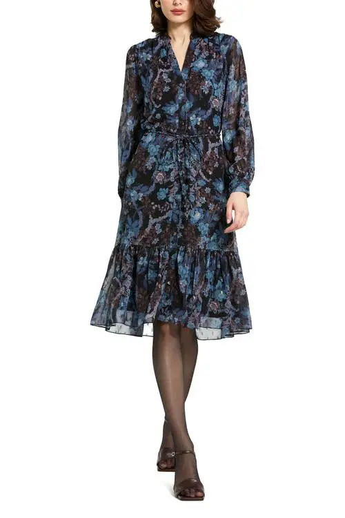 Mac Duggal Lurex Chiffon Bishop Sleeve Midi Dress - Black Multi